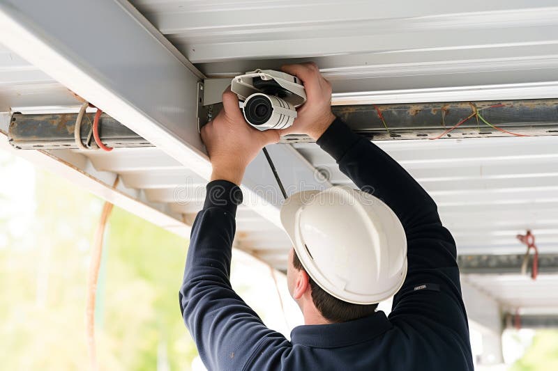 Professional Installing a Security Camera on a Pod House Stock Photo ...