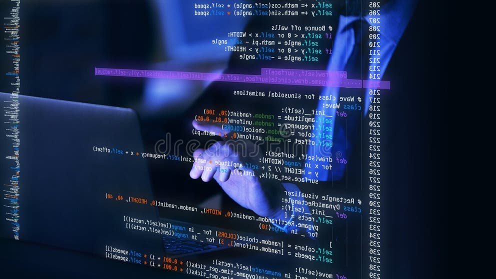 Professional Interacting with Laptop, with Visible Holographic Lines of ...