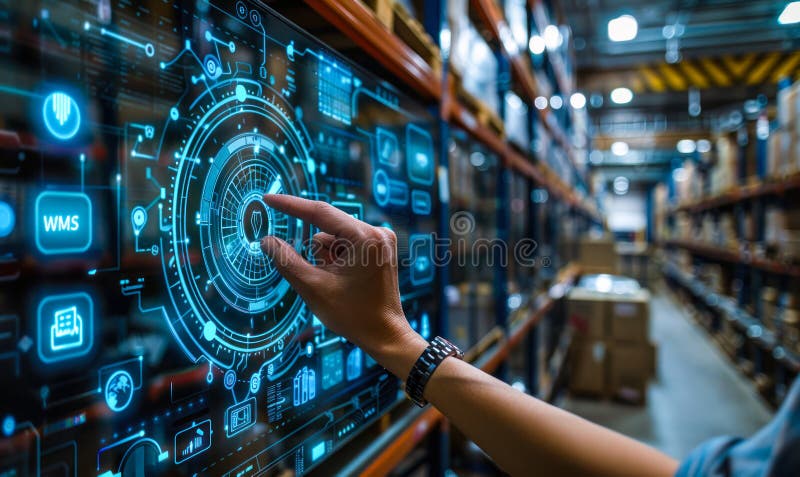Professional Interacts with Digital Interface Displaying WMS Warehouse ...