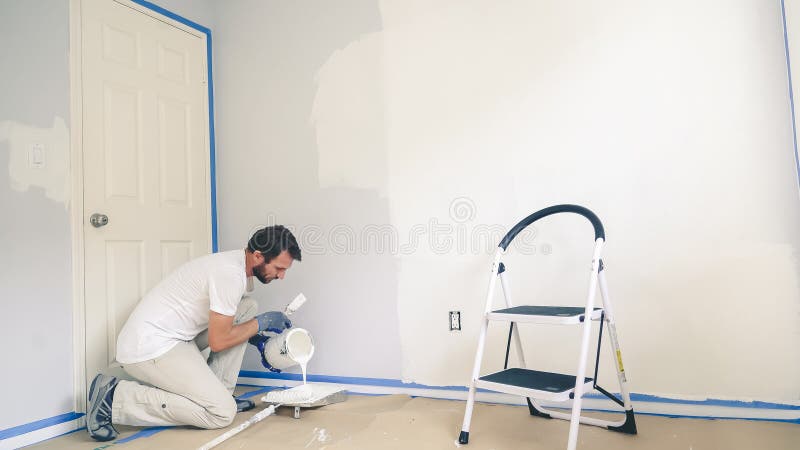 Professional Interior Construction Worker Pouring White Color Paint To ...