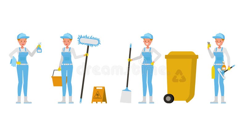 Professional Janitor Woman Vector Character Design. Presentation in ...