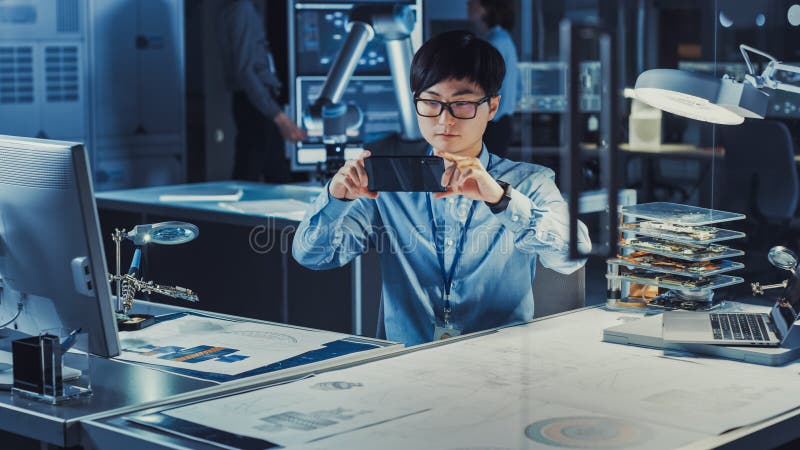 Professional Japanese Development Engineer in Blue Shirt is Looking at ...