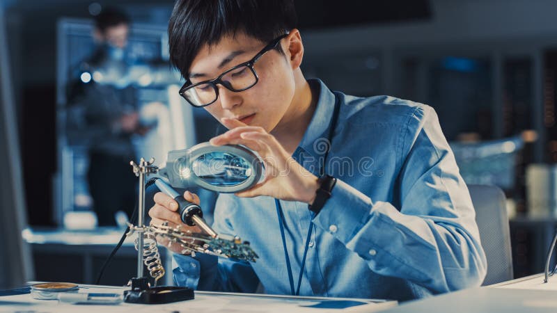 Professional Japanese Electronics Development Engineer in Blue Shirt is ...