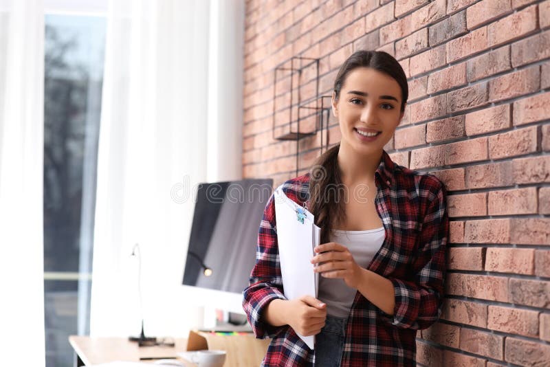 Professional Journalist Near Wall in Office Stock Photo - Image of ...
