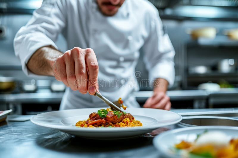 Professional Kitchen, Chef Decorating a Food Plate in Professional ...