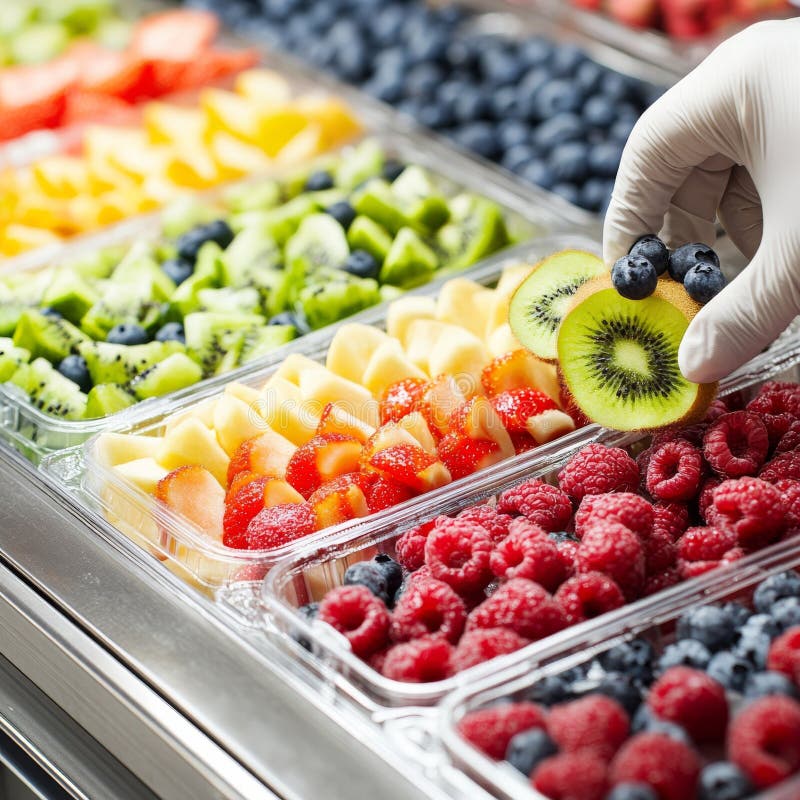 In a Professional Kitchen, Fruits that Have Been Freshly Cut are Being ...