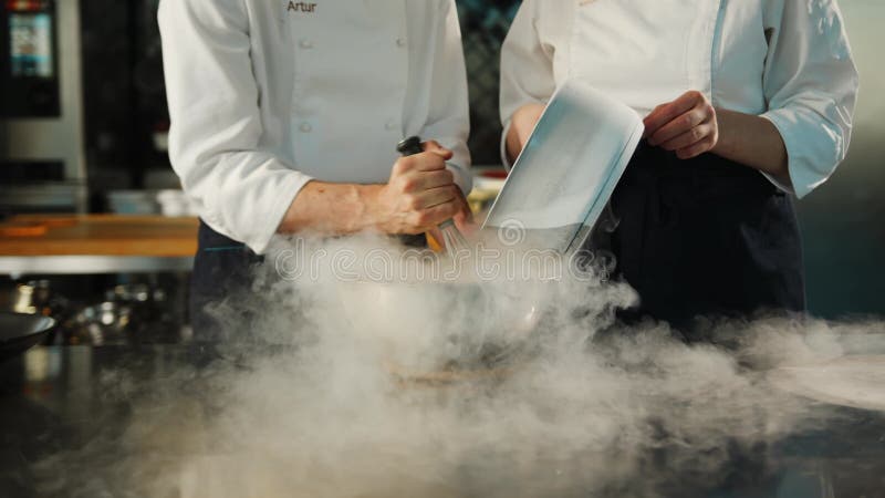 Professional Kitchen: Liquid Nitrogen is Added during the Cooking of a ...