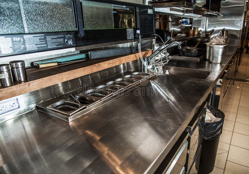 Professional Kitchen, View Counter in Stainless Steel Stock Photo ...