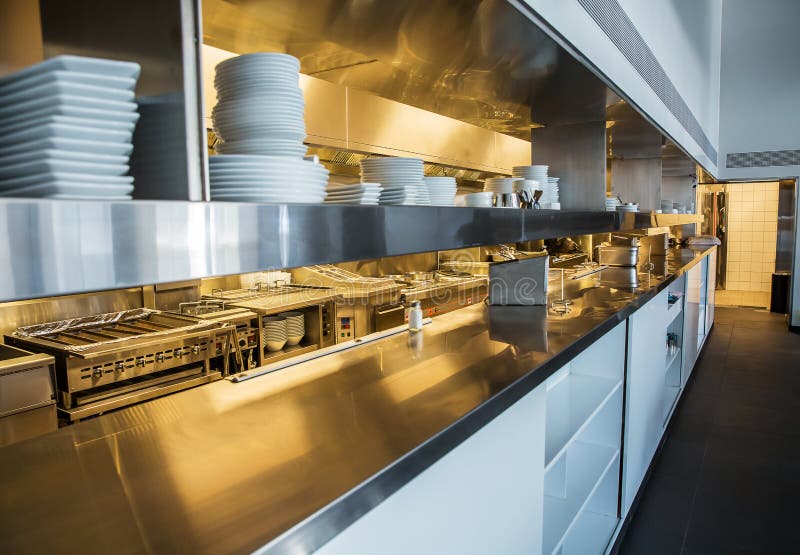 Professional Kitchen, View Counter in Steel Stock Photo - Image of ...