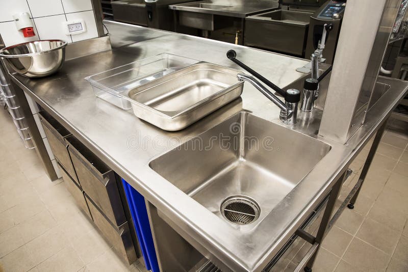 Professional Kitchen, View Counter in Steel Stock Image - Image of ...