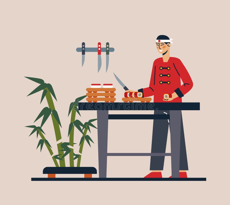 Professional Korean Chef in Protective Clothes Cuts Rolls. Process of ...