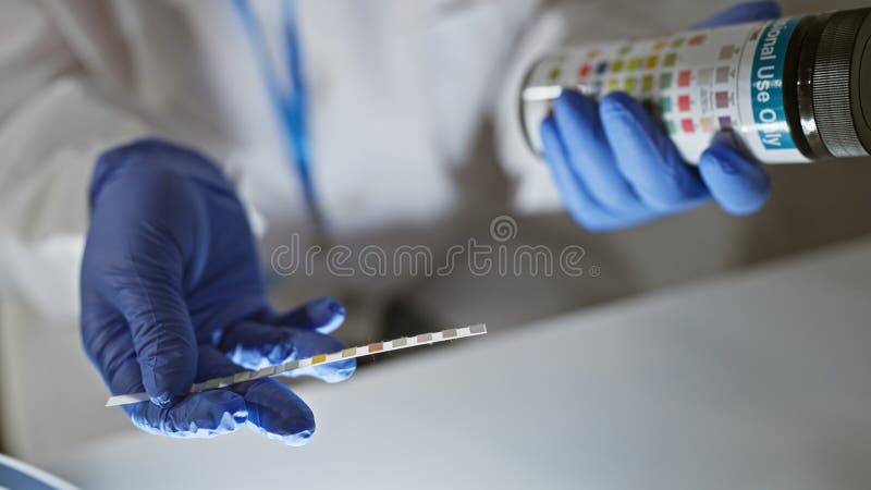 A Professional in a Lab Analyzes a Test Strip while Wearing Blue Gloves ...