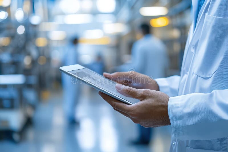 A Professional in a Lab Coat Uses a Tablet in a Modern Industrial ...