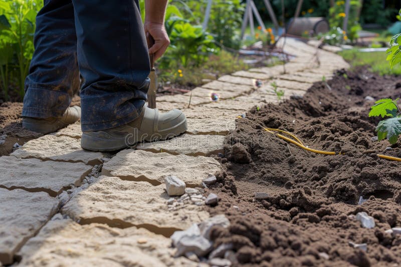 Professional Landscaper Laying Textured Slabs for a Garden Path Stock ...