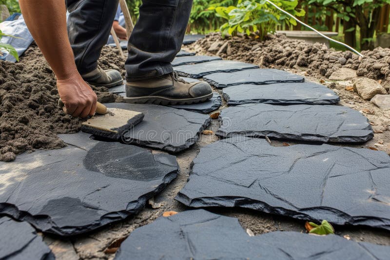 Professional Landscaper Laying Textured Slabs for a Garden Path Stock ...