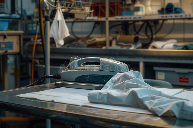 Professional Laundry Setup with Iron and Steamer on an Organized Work ...
