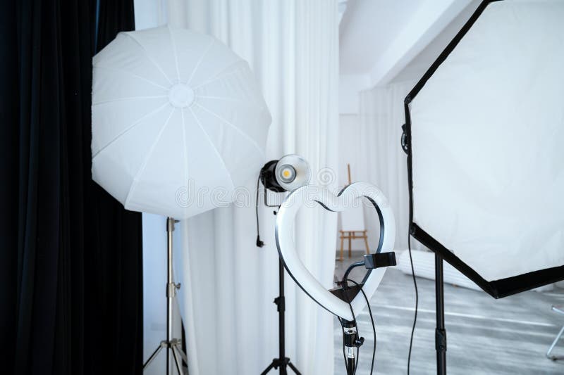 Professional Light Sources Against a White Wall. Stock Photo - Image of ...