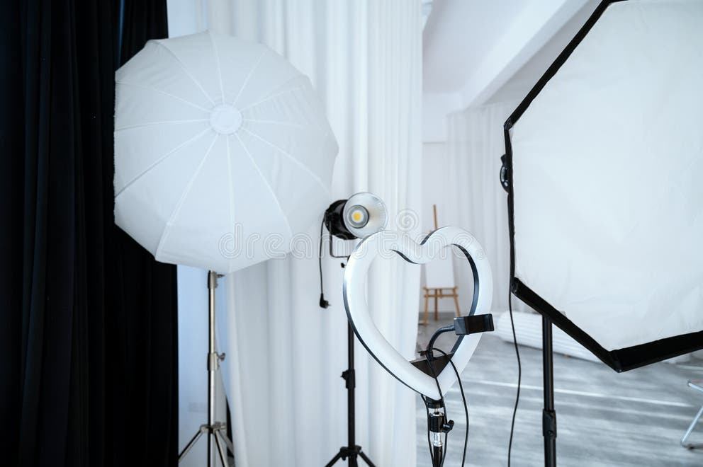 Professional Light Sources Against a White Wall. Stock Photo - Image of ...
