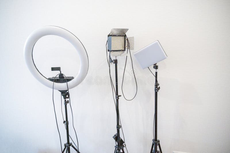 Professional Light Sources Against a White Wall. Stock Photo - Image of ...