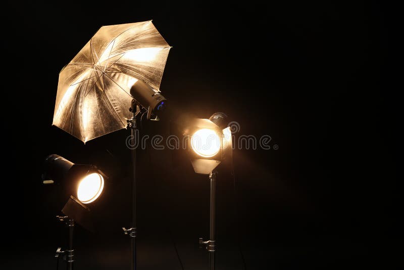 Professional Lighting Equipment on Dark Background Stock Image - Image ...