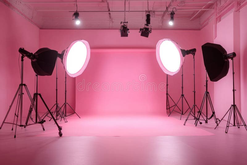 Professional Lighting Equipment Illuminating Pink Backdrop in Empty ...