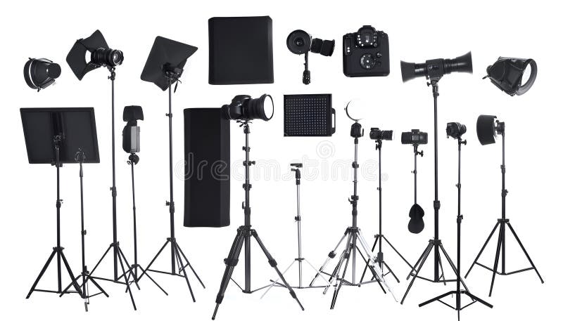 Professional Lighting Equipment Isolated on White, Set Stock Photo ...
