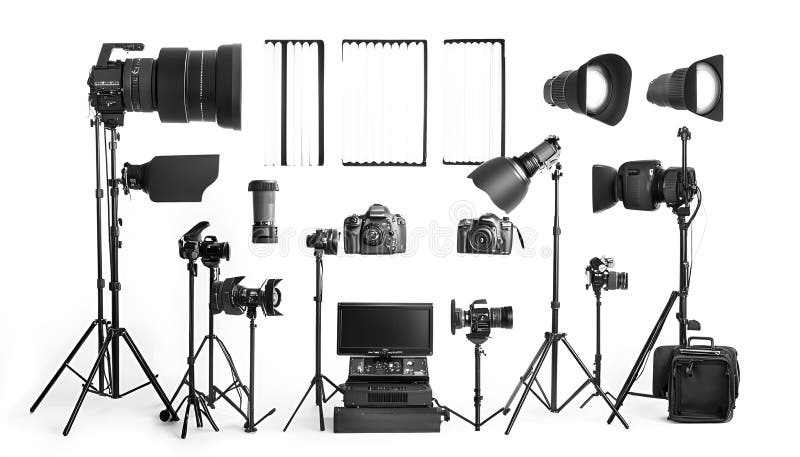 Professional Lighting Equipment Isolated on White, Set Stock Photo ...