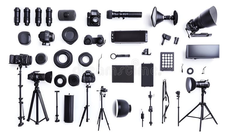 Professional Lighting Equipment Isolated on White, Set Stock Photo ...