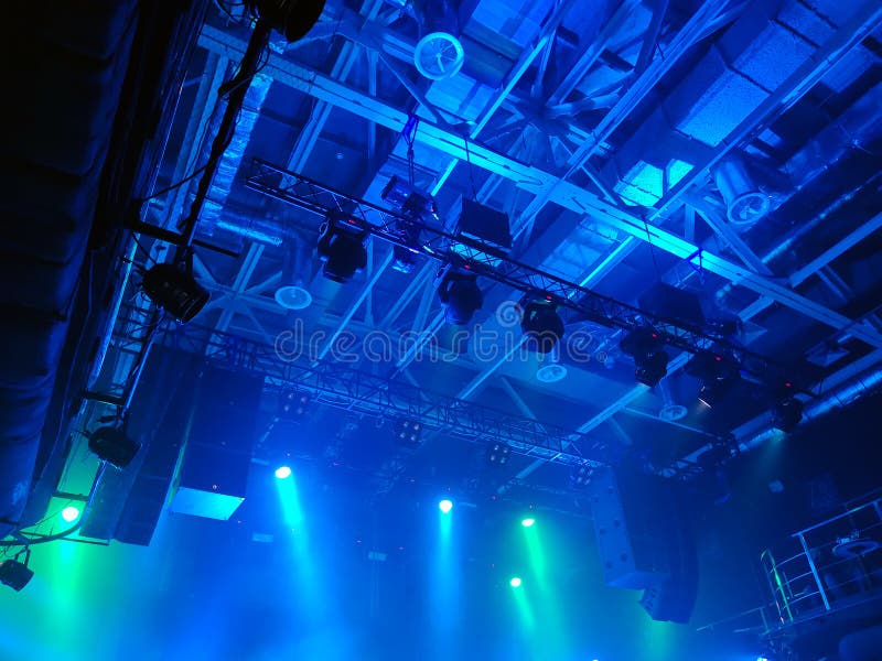 Professional Lighting Equipment on the Ceiling of the Stage on a Green ...