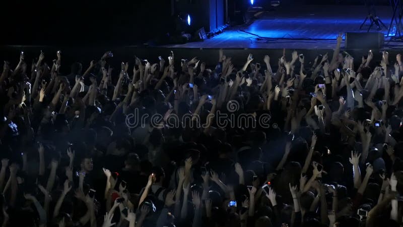Performance of a Popular Group. the Crowd with Raised Hands Against the ...