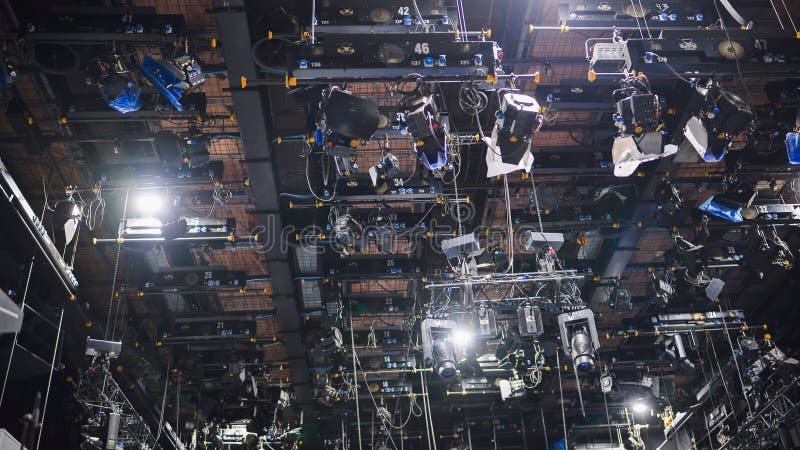 Lighting Equipment Hanging from Ceiling in Television Studio Stock ...