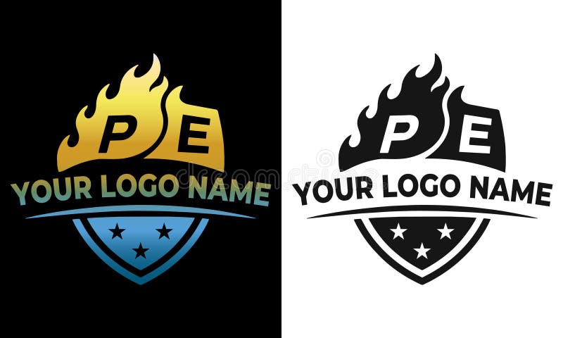 PE Letters on Fire Logo – Shield Emblem with Flame Motif and Bold ...
