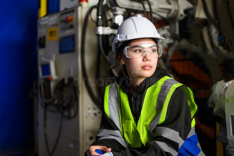 Professional Maintenance Worker Working with Robotic Arms Machine Stock ...