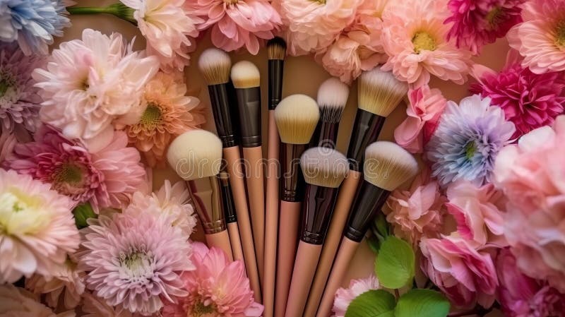 Professional Makeup Brushes, Stylist Tools. Layout of Shadows and Blush ...