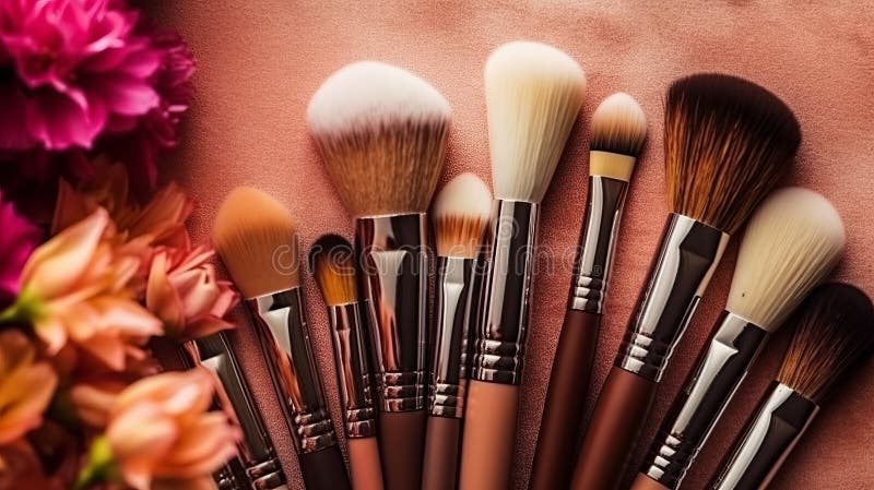 Professional Makeup Brushes, Stylist Tools. Layout of Shadows and Blush ...