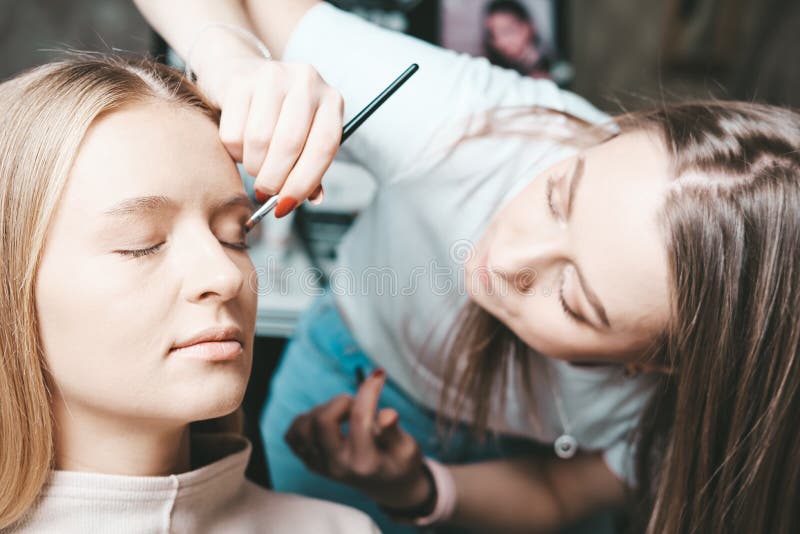 Professional Makeup Process. Artist is Making Face Style of a Young ...