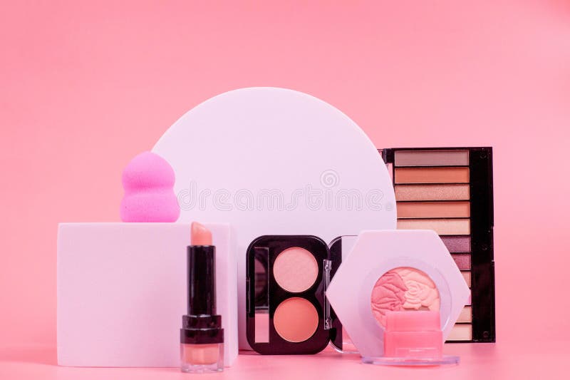 Professional Makeup Tools. Products for Makeup on Pink Background Stock ...