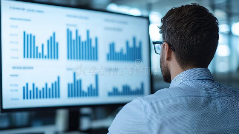 Professional Male Analyst Observing Data Visualizations on a Large ...