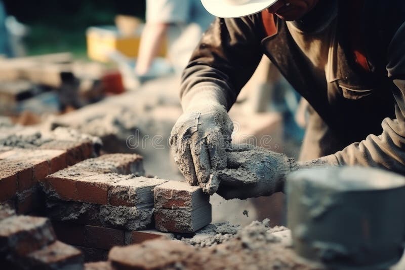 Professional Male Builder Constructing a Red Brick Wall with Trowel and Brick in Hand Stock ...