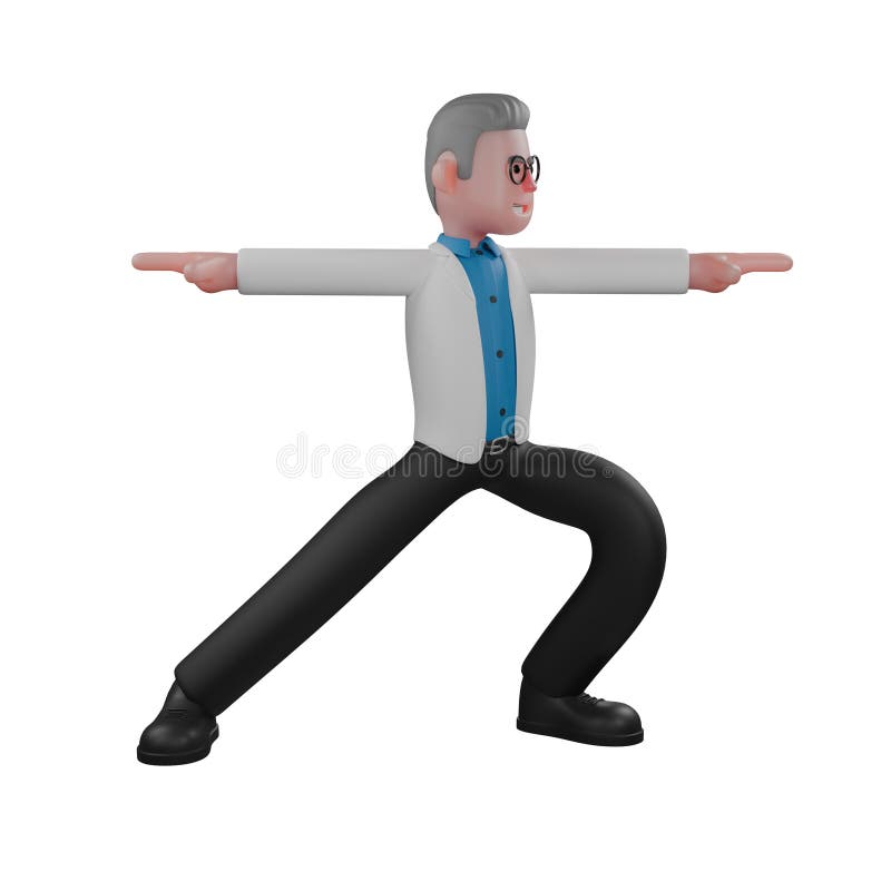 A Male Physicist is Doing a Warrior 2 Pose, with His Legs Spread Wide ...