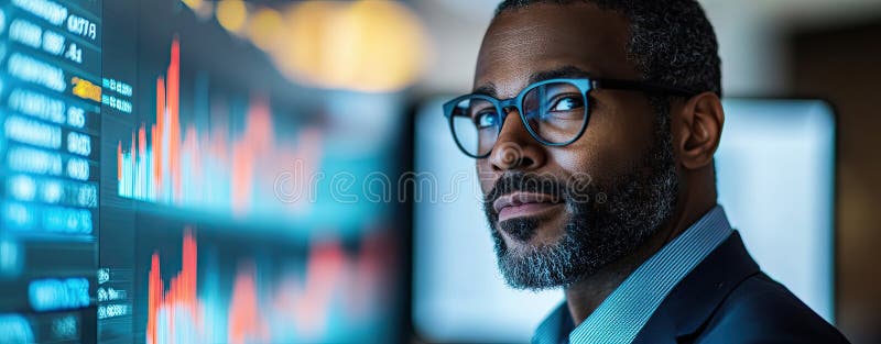 Professional Man Analyzes Data on Digital Screen in Modern Office ...