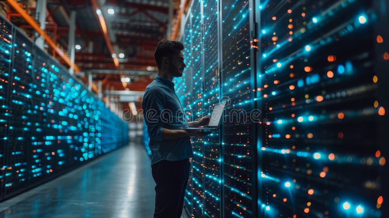 Professional Man Analyzing Server Data in a High-Tech Futuristic Data Center Stock Illustration ...
