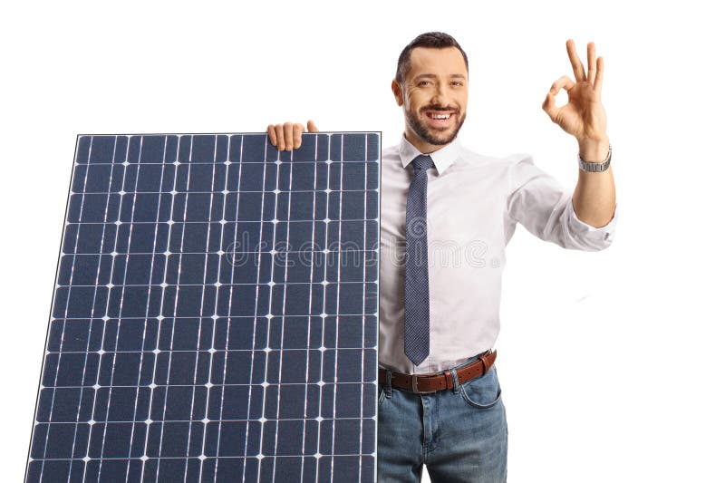 Professional Man Behind a Solar Panel Gesturing Ok Sign Stock Image ...