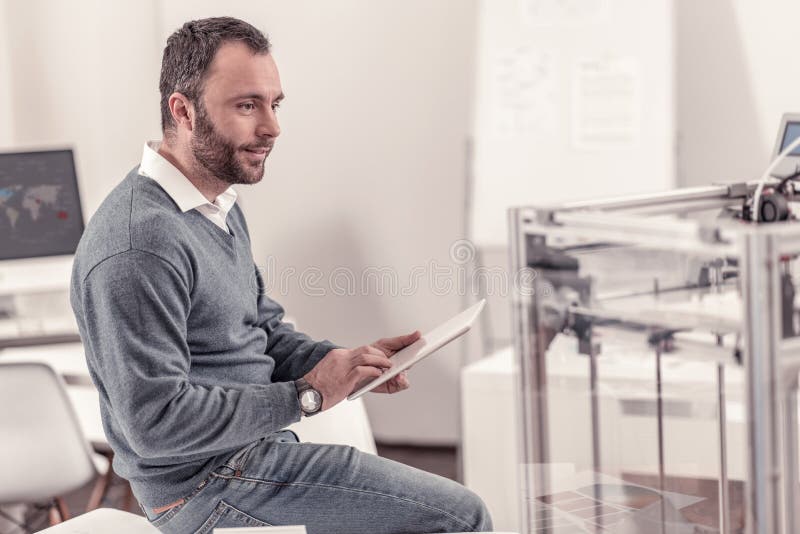 Professional Man Directing 3D Printer by His Tablet Stock Image - Image ...