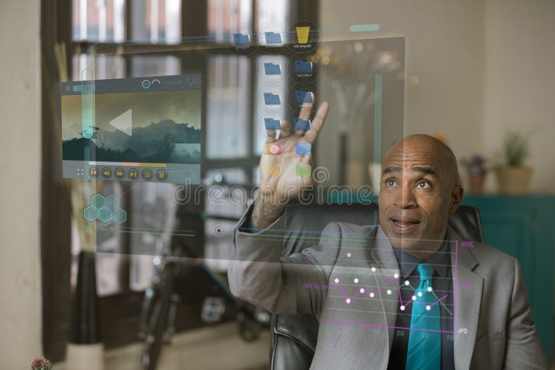 Professional Man Moving Files on a Futuristic Computer Screen Stock ...