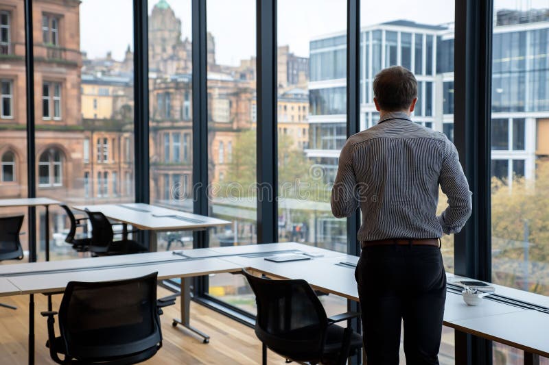 Professional Man Observing Cityscape from Modern Office Window in ...