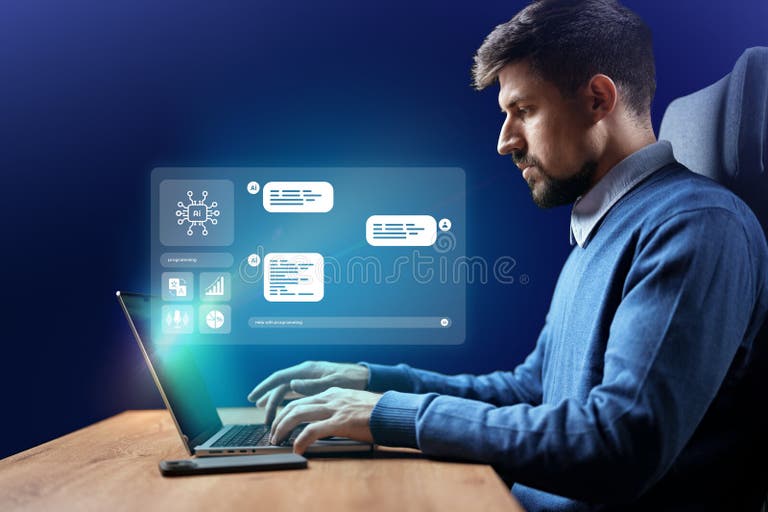 Professional Man Programming on Laptop with Data Visualization in a ...