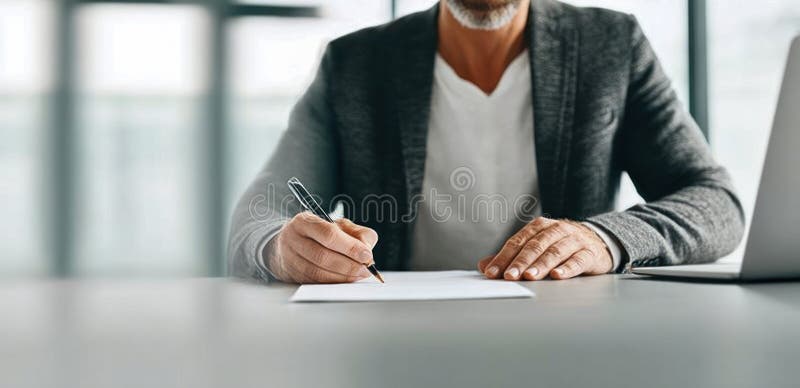 Professional Man Signing Document His Desk Focused Task Pen Hand Stock ...