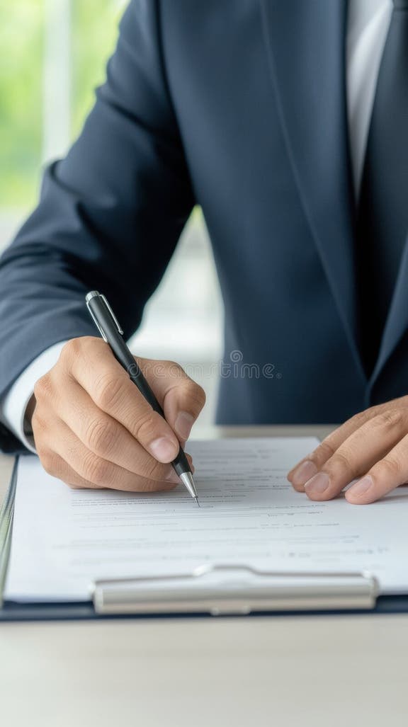 Professional Man Signing Documents with Pen in Business Setting Stock ...