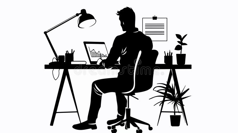 Professional Man Silhouette Writing at Desk Workspace Stock Vector ...